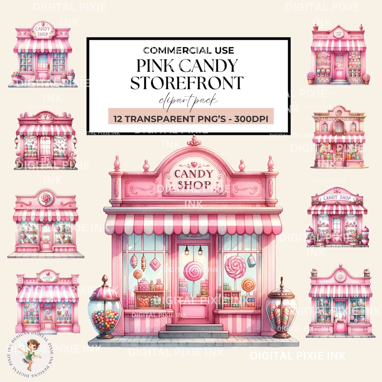 Valentines Candy Shop Clipart, Watercolor Pink Candy Shop Storefront ...