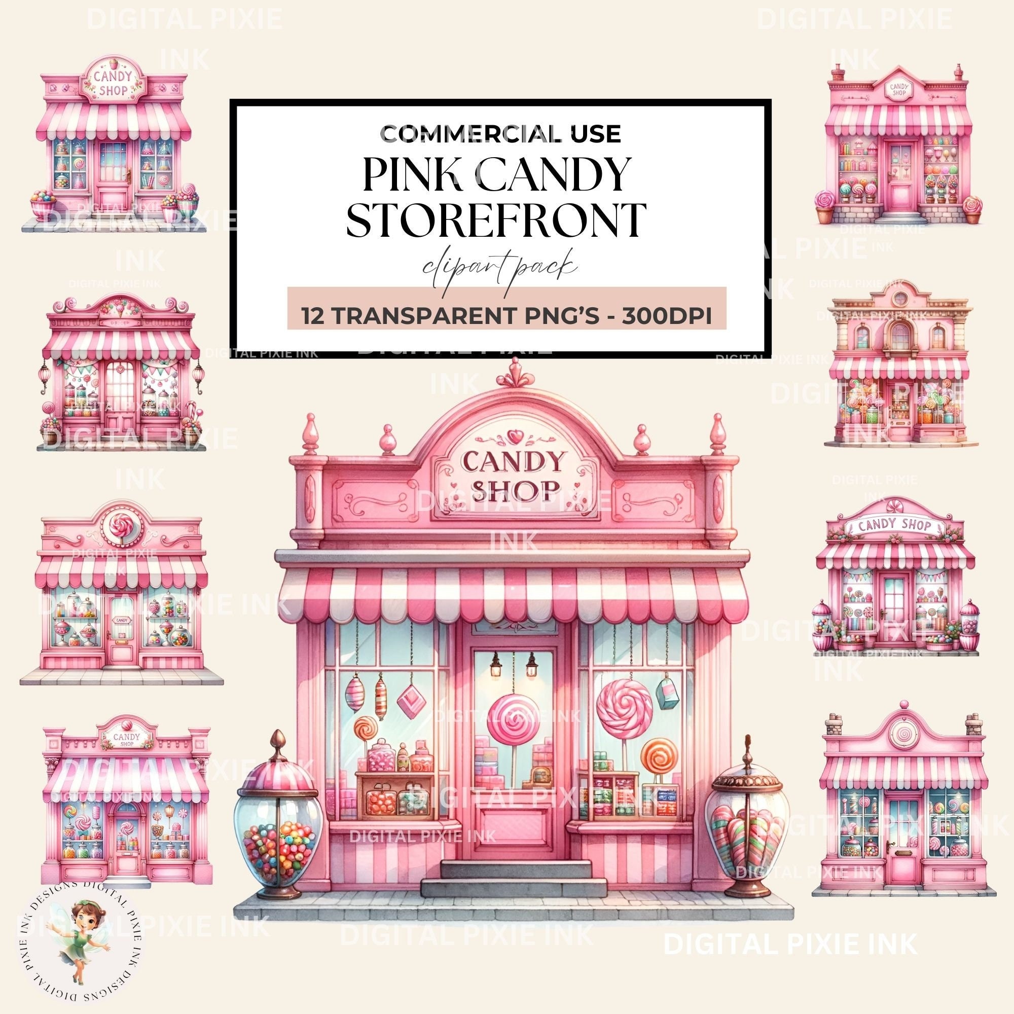 Valentines Candy Shop Clipart, Watercolor Pink Candy Shop Storefront ...