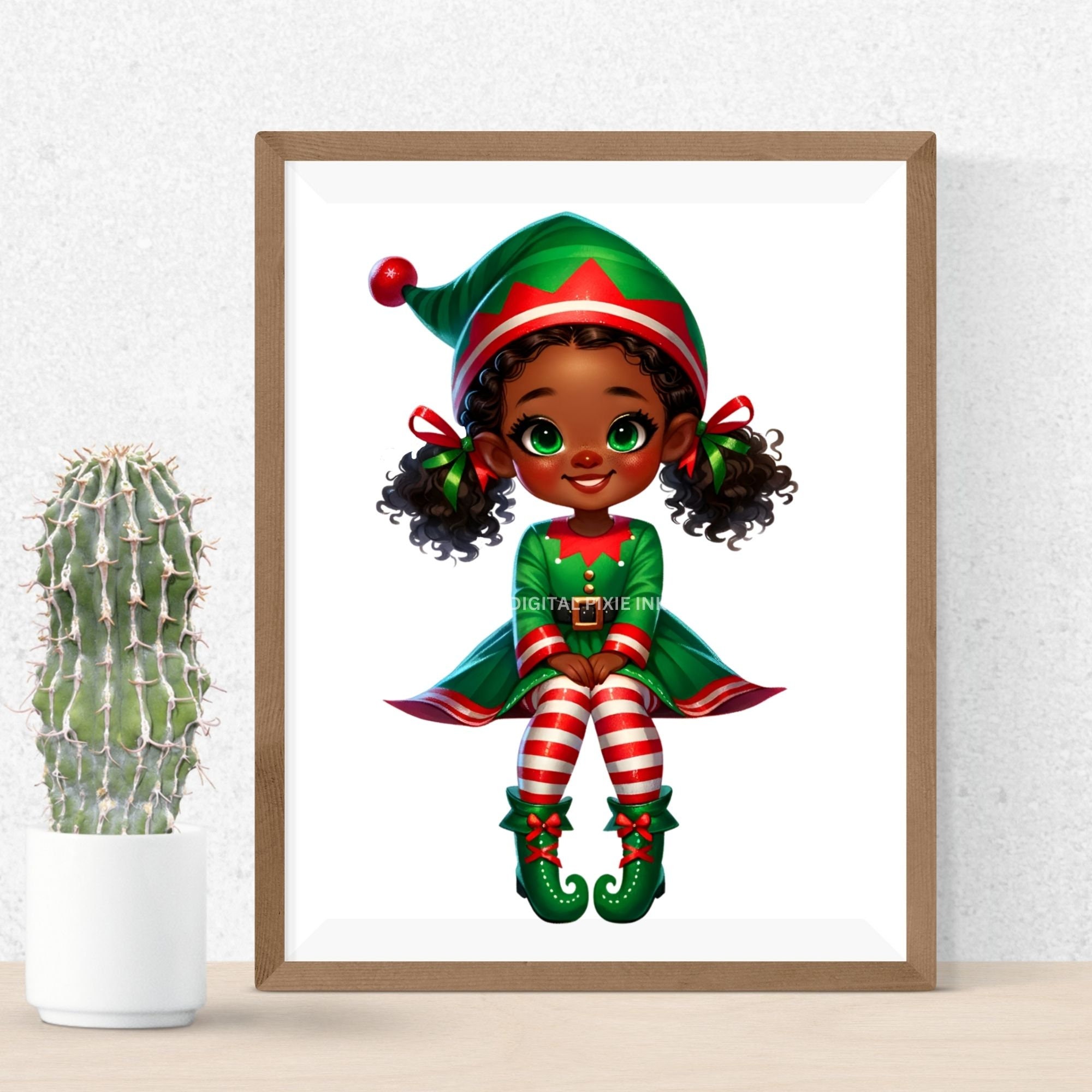Girl Elf Clipart Black Girl Elf Watercolor Santa Elf Clipart Cute Christmas Girl Elf