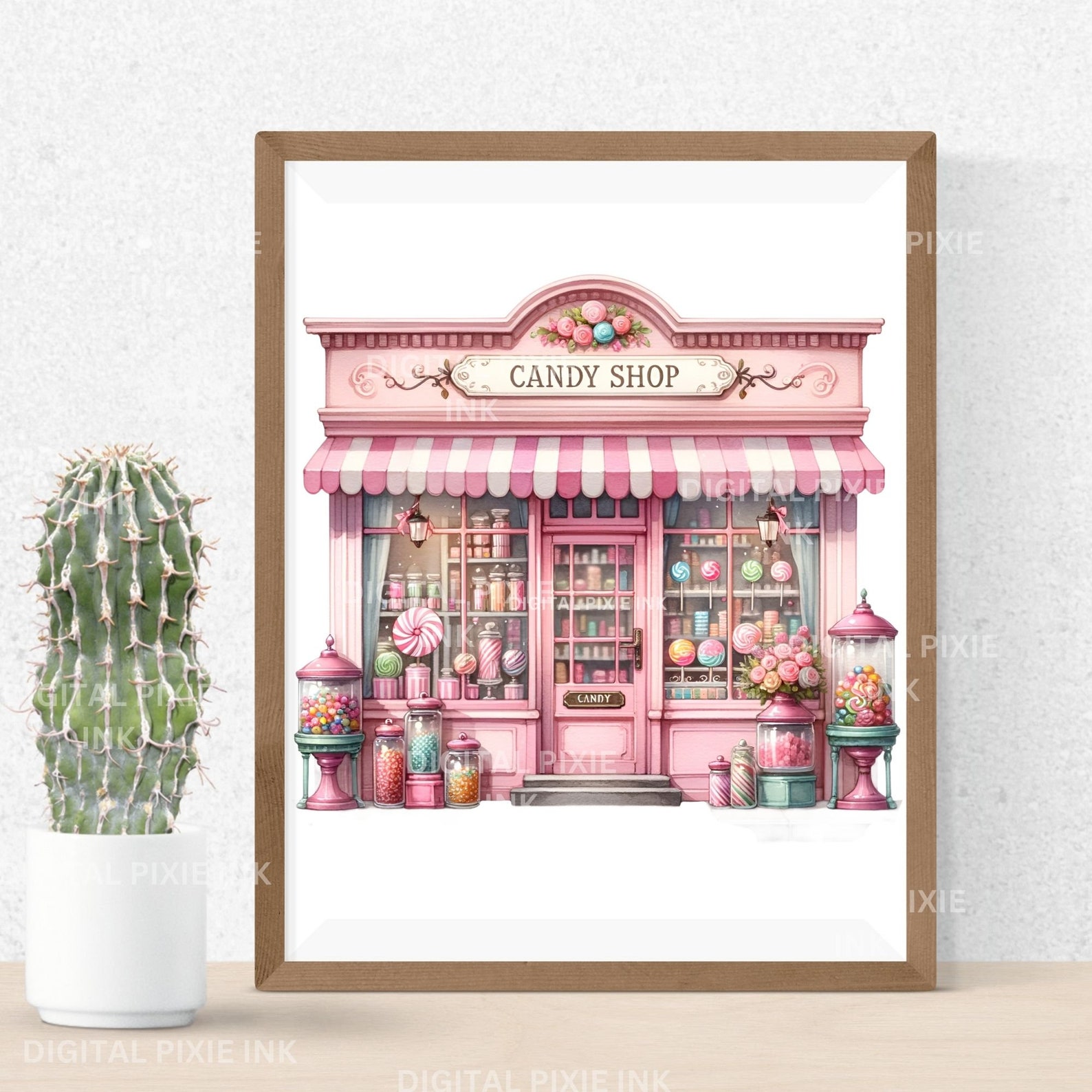 Valentines Candy Shop Clipart, Watercolor Pink Candy Shop Storefront ...