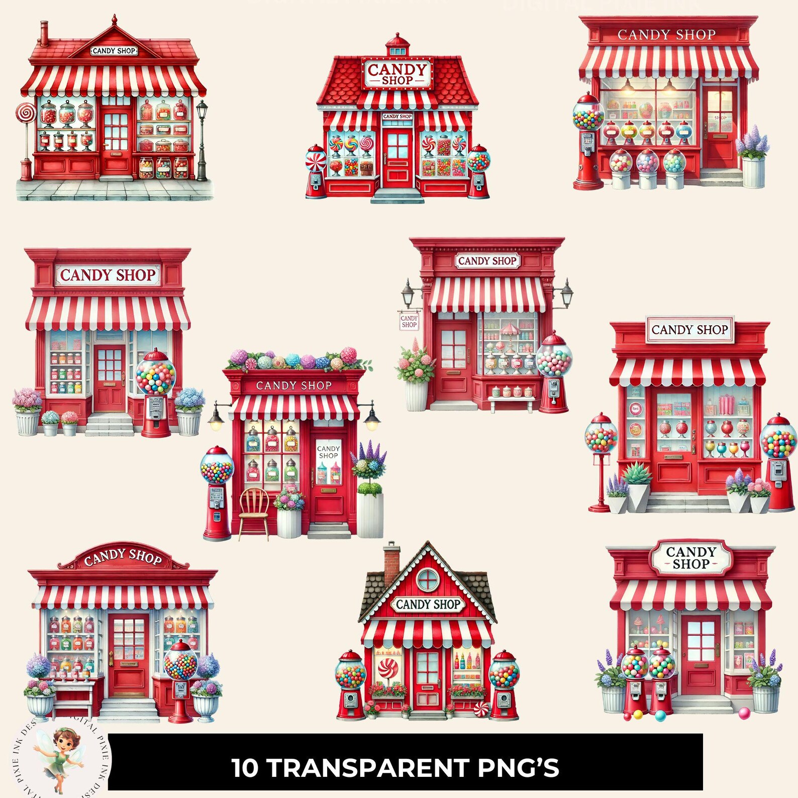Valentines Candy Shop Clipart, Watercolor Pink Candy Shop Storefront ...