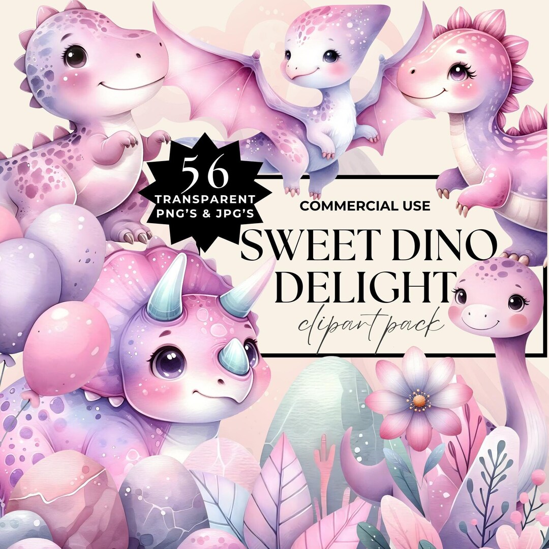 Pink and Purple Dinos Png Dinosaur Birthday Clipart Cute Watercolor ...