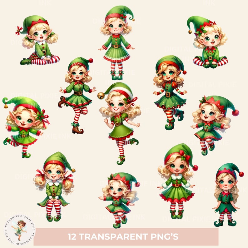 Girl Elf Clipart, Watercolor Santa Elf Clipart, Cute Christmas Girl Elf ...