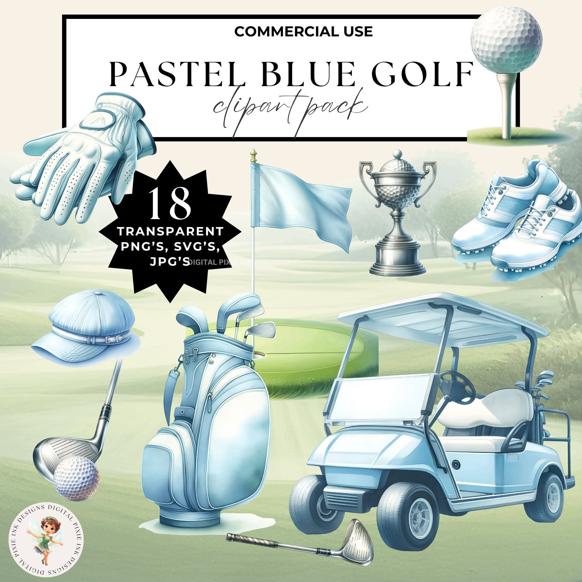 Watercolor Golf Cart Clipart Cute Golf Watercolor Clipart Pastel Blue ...