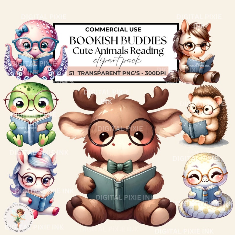 Cute Watercolor Animals Reading Book Clipart, Fantasy Reading Clipart ...