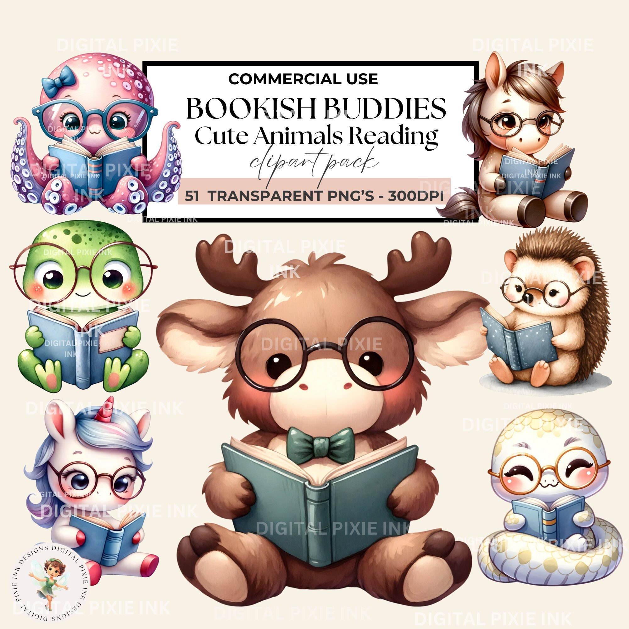 Cute Watercolor Animals Reading Book Clipart, Fantasy Reading Clipart ...