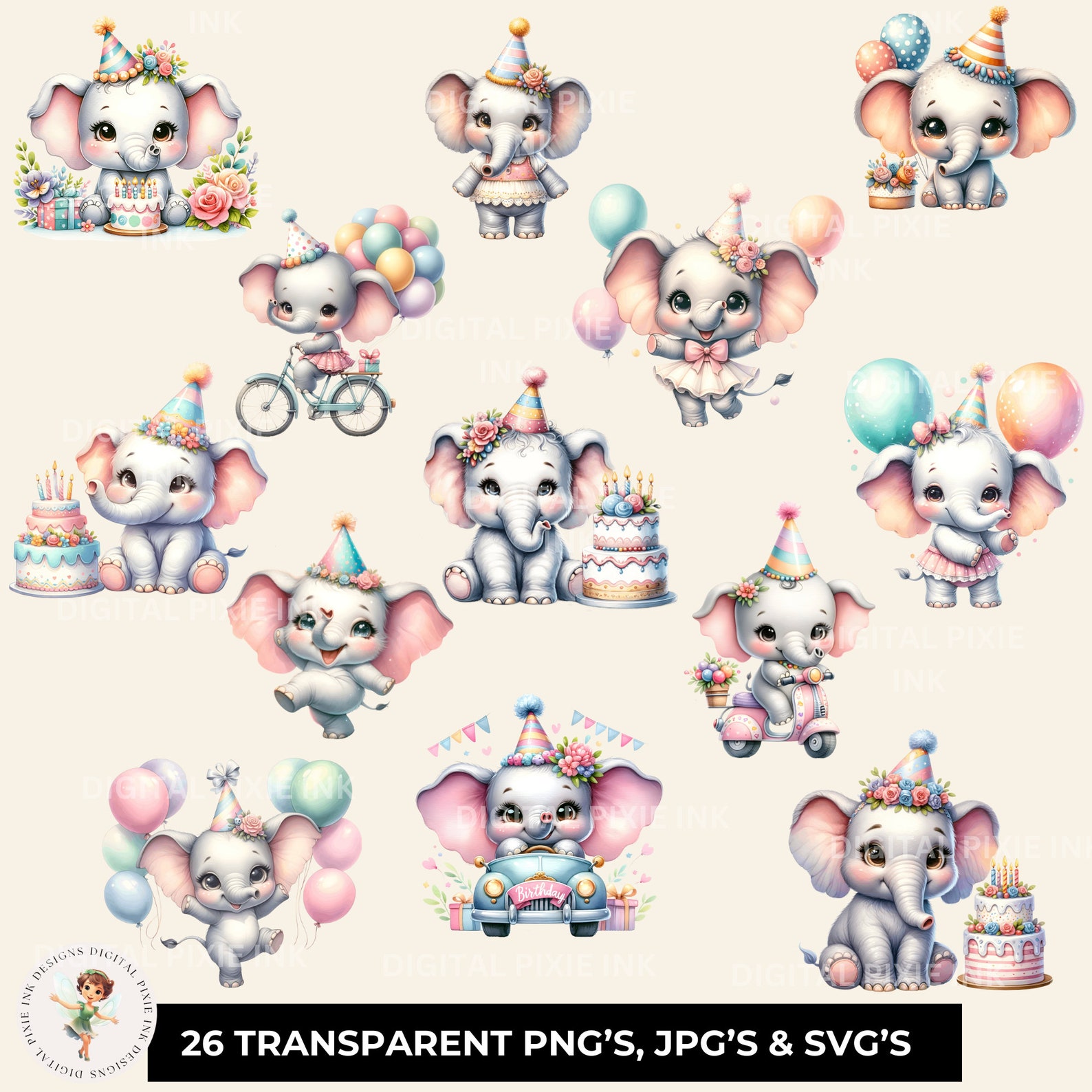 Elephant Birthday Clipart Elephant With Balloon Clipart Cute Elephant ...