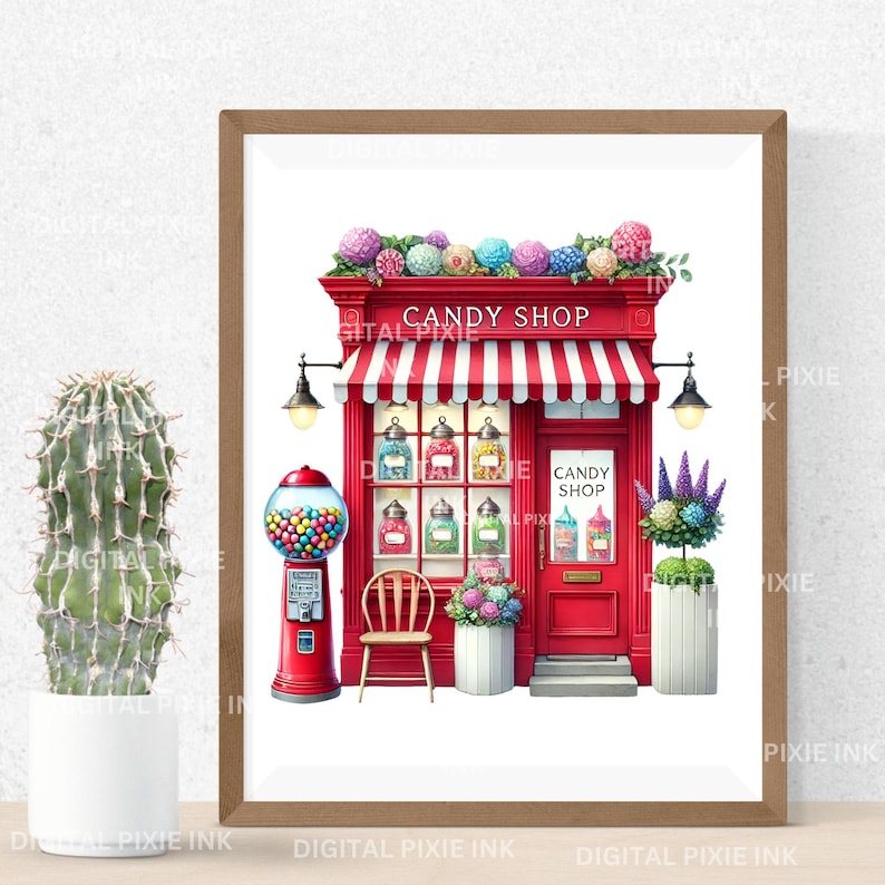 Valentines Candy Shop Clipart, Watercolor Pink Candy Shop Storefront ...