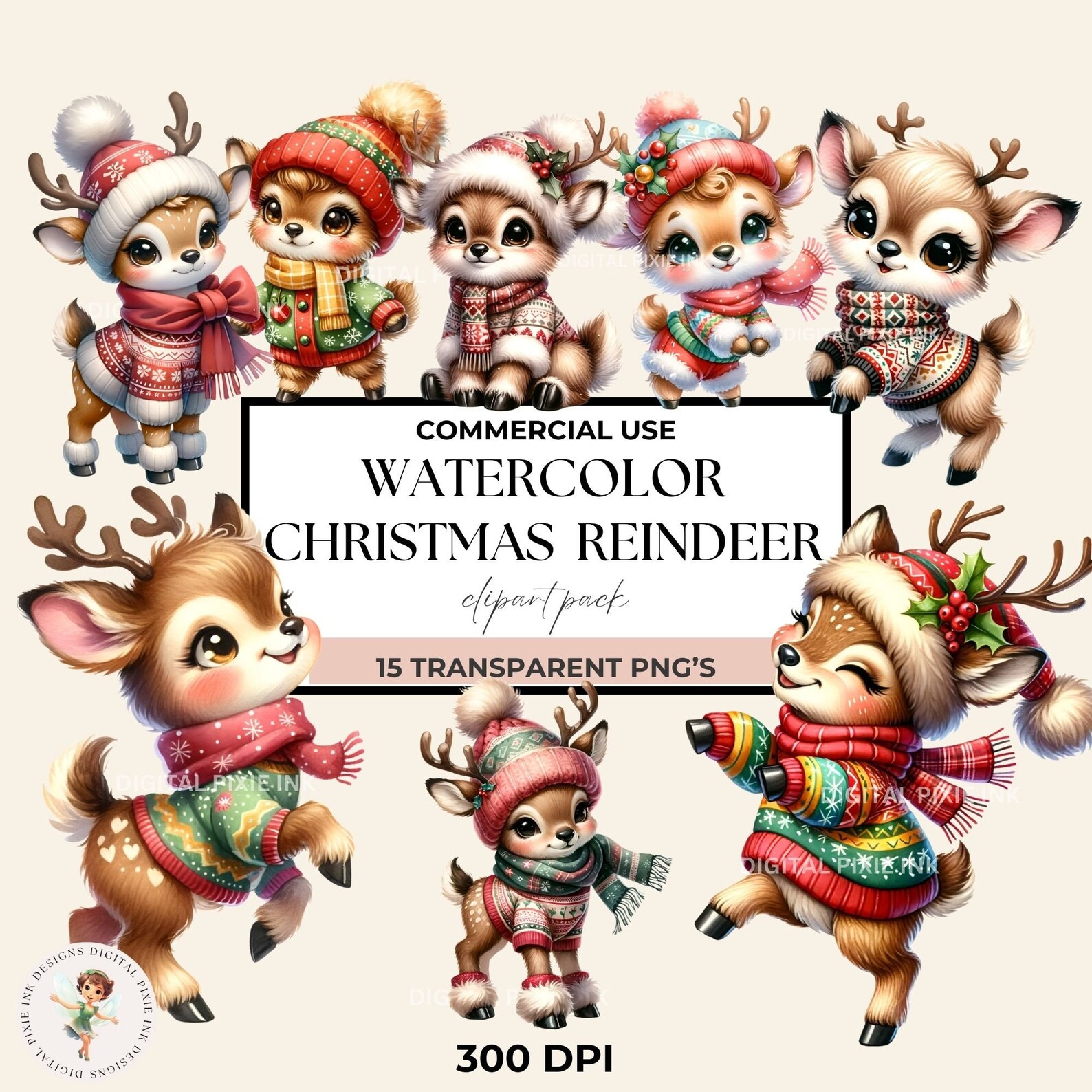 Watercolor Christmas Baby Reindeer Clipart, Cute Reindeer Clipart ...