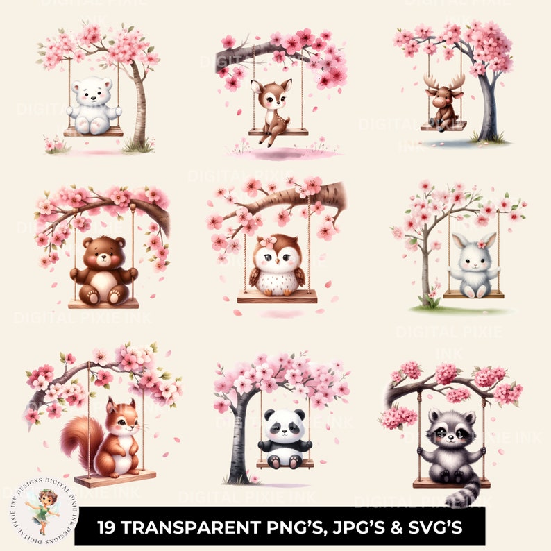 Animals on Swings Clipart Cute Watercolor Baby Safari Woodland Jungle ...