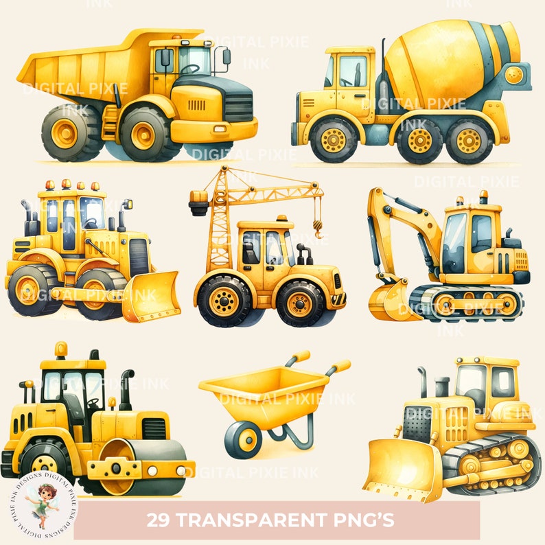 Watercolor Construction Truck Clipart, Construction Birthday, Kids ...