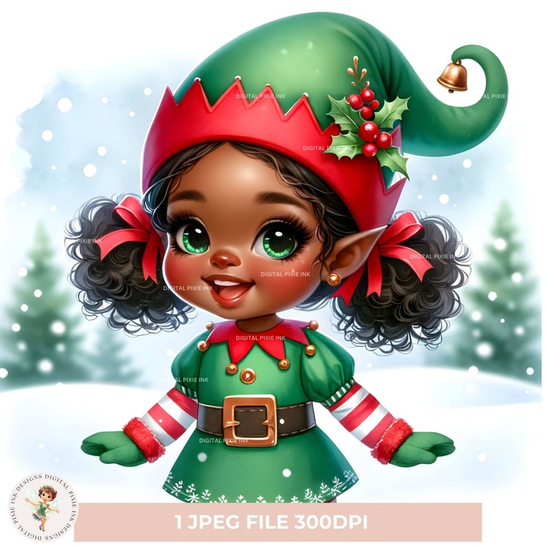 Girl Elf Clipart, Black Girl Elf Clipart, Watercolor Santa Elf Clipart ...