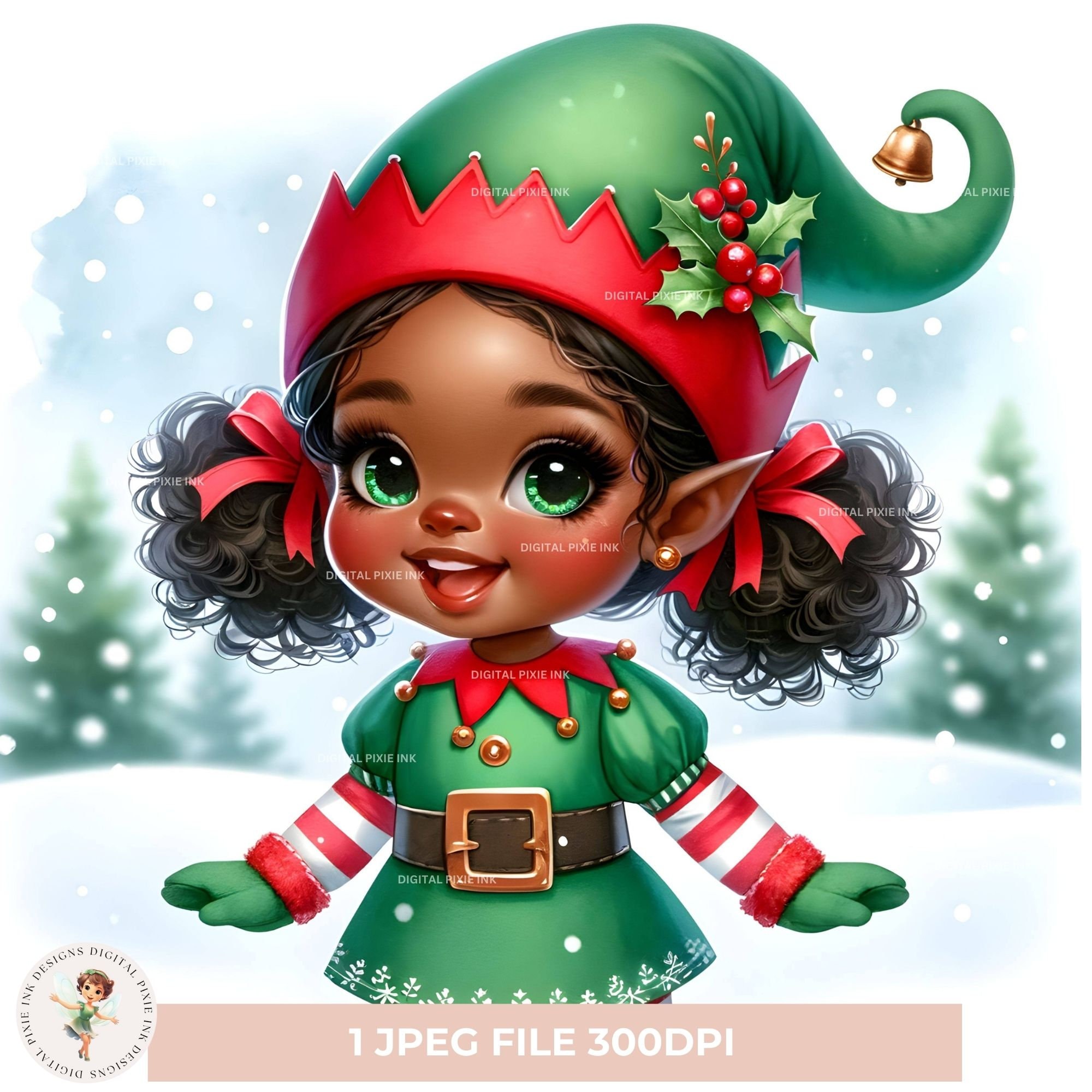 Girl Elf Clipart, Black Girl Elf Clipart, Watercolor Santa Elf Clipart ...