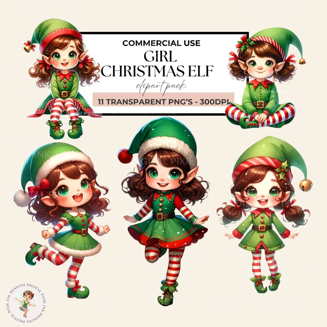 Girl Elf Clipart, Watercolor Santa Elf Clipart, Cute Christmas Girl Elf ...