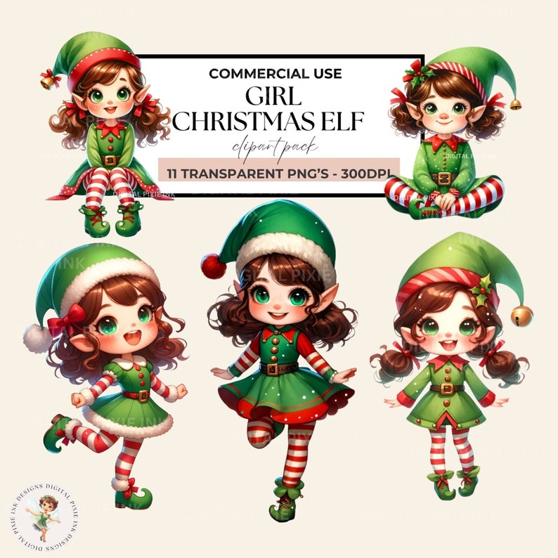 Girl Elf Clipart, Watercolor Santa Elf Clipart, Cute Christmas Girl Elf ...
