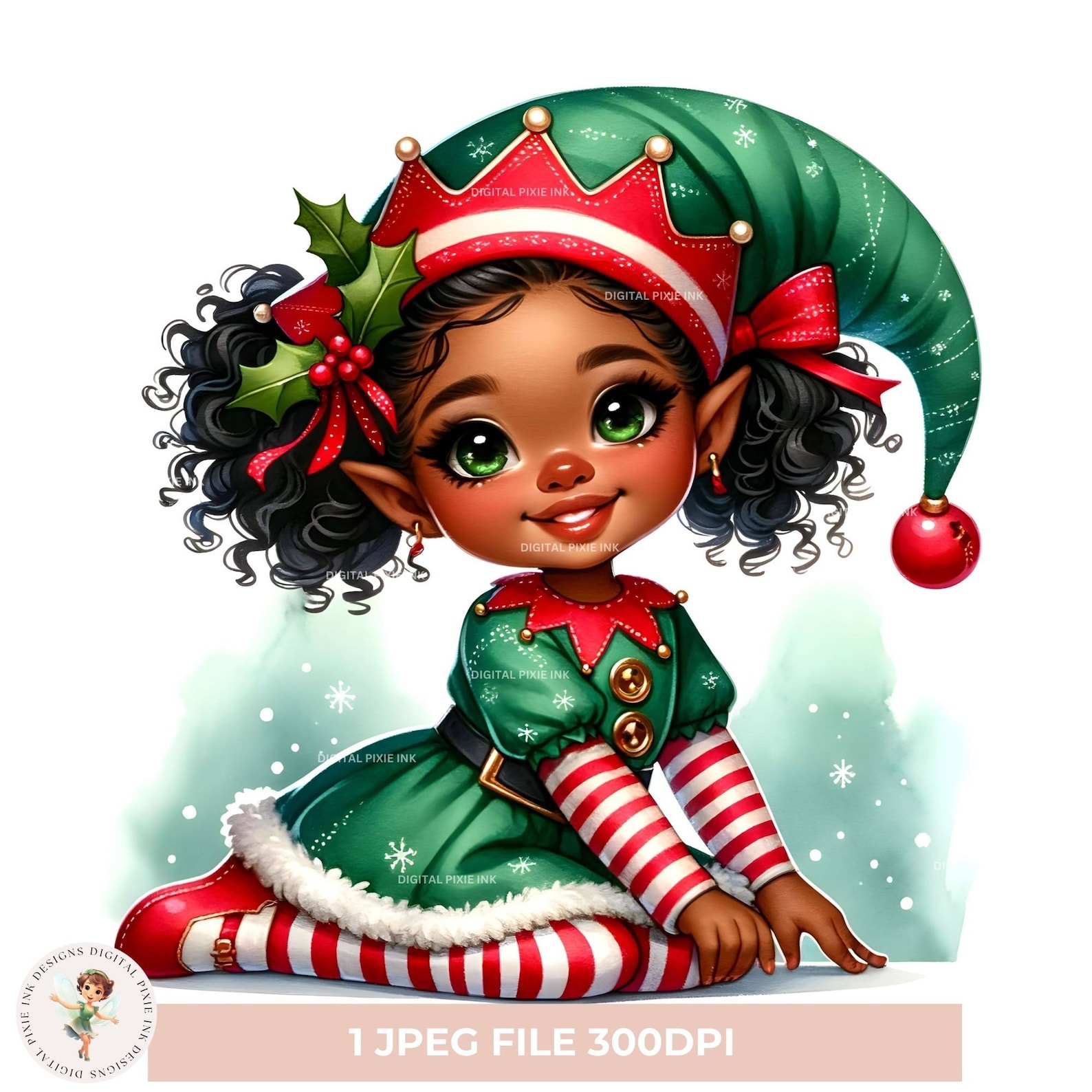 Girl Elf Clipart, Black Girl Elf Clipart, Watercolor Santa Elf Clipart ...