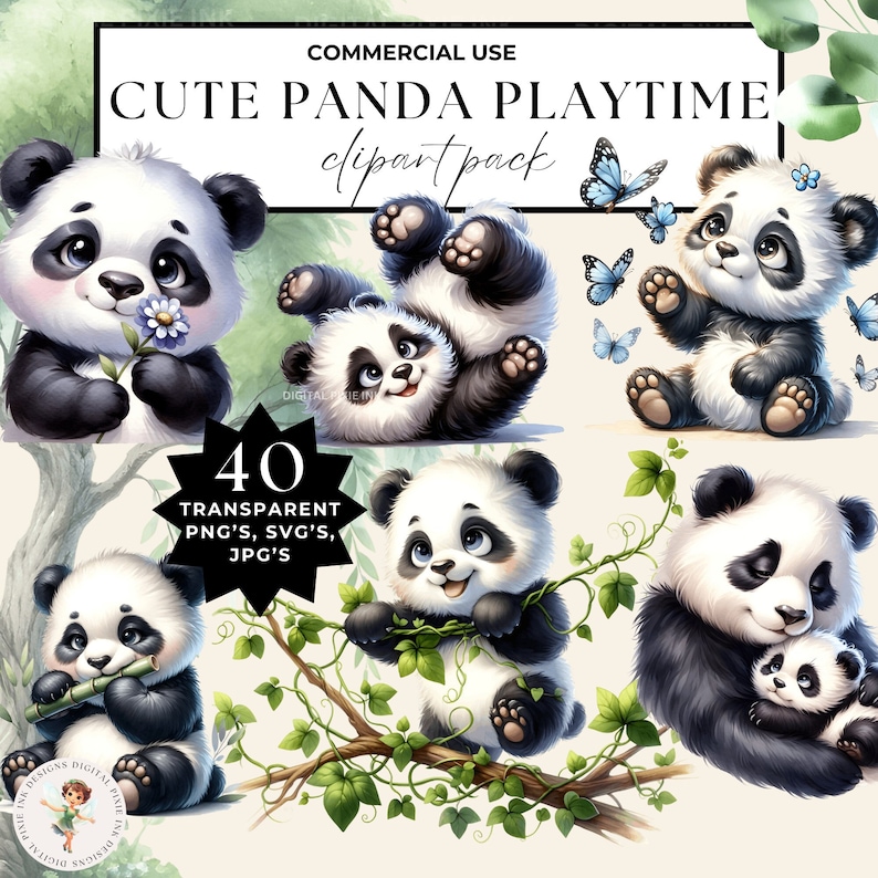 Cute Panda Watercolor Clipart Adorable Funny Baby Panda Bear Clipart ...