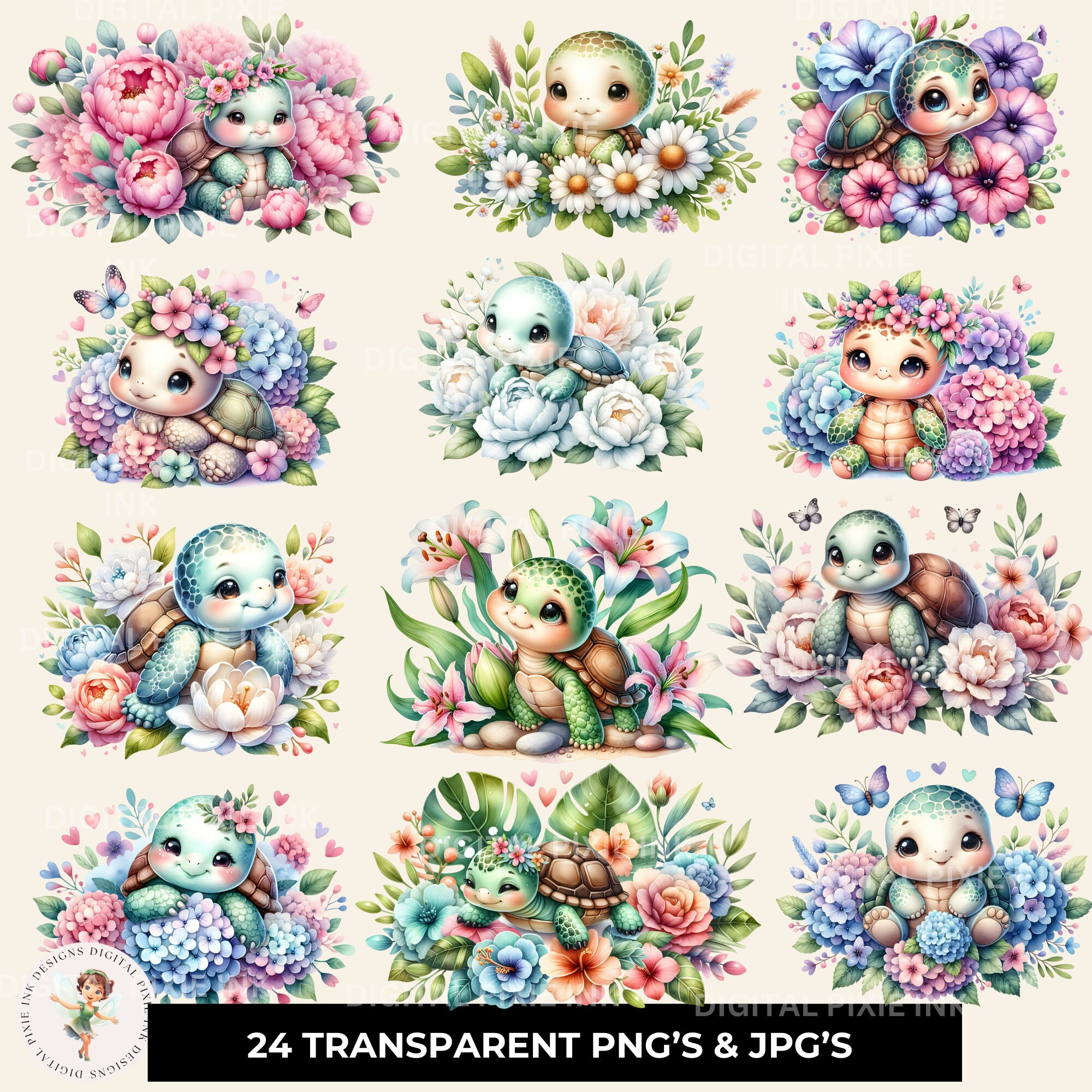 Baby Turtle With Flowers Clipart Watercolor Sea Turtle Clipart Cute ...