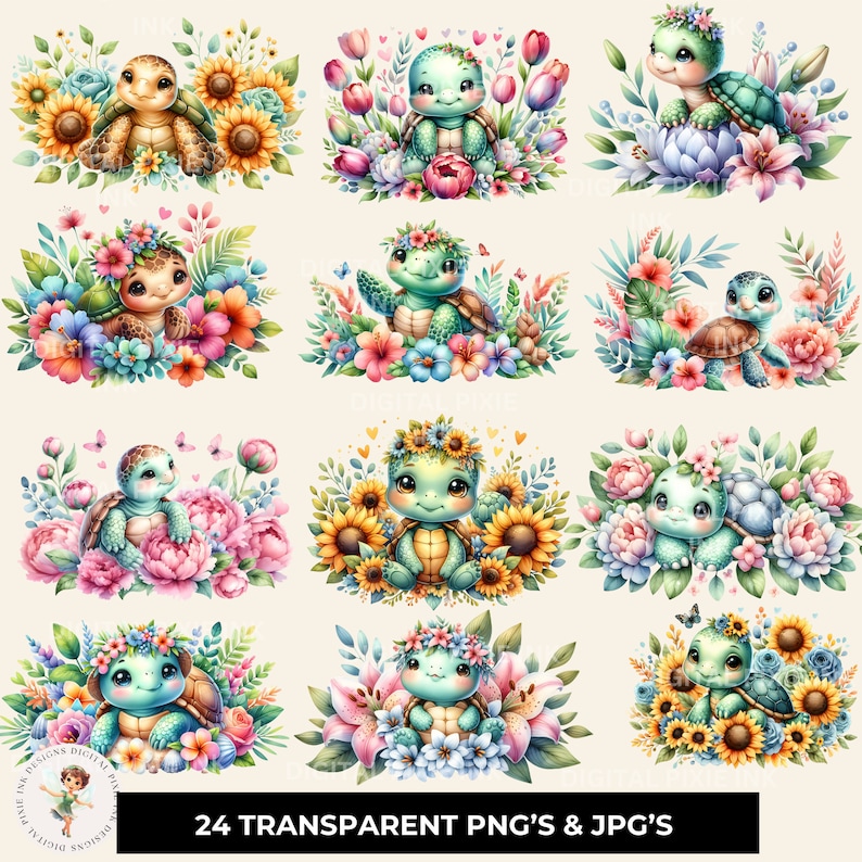 Baby Turtle With Flowers Clipart Watercolor Sea Turtle Clipart Cute ...