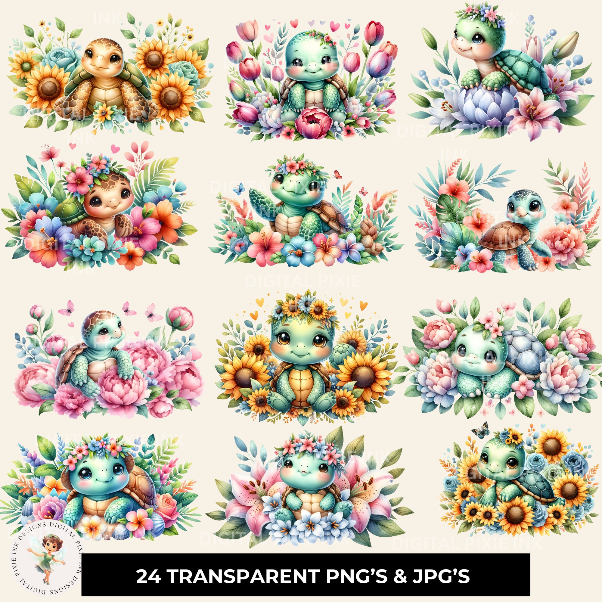 Baby Turtle With Flowers Clipart Watercolor Sea Turtle Clipart Cute ...