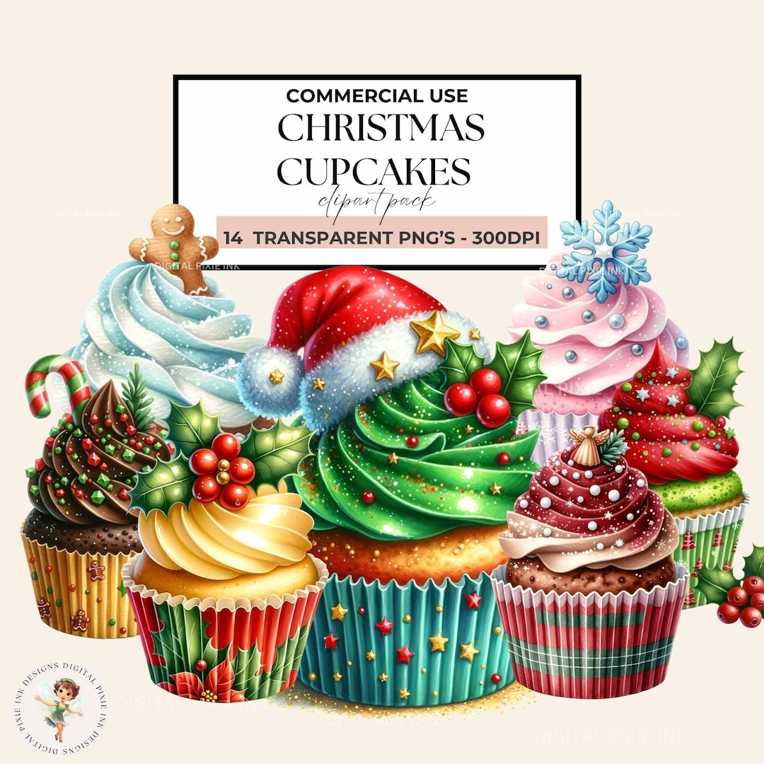 Christmas Cupcake Clipart, Christmas Cupcakes Clipart, Watercolor ...