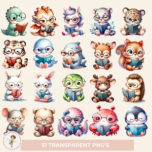 Cute Watercolor Animals Reading Book Clipart, Fantasy Reading Clipart ...