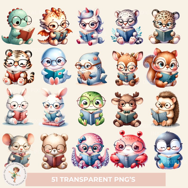 Cute Watercolor Animals Reading Book Clipart, Fantasy Reading Clipart ...