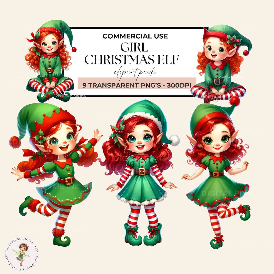 Girl Elf Clipart, Watercolor Santa Elf Clipart, Cute Christmas Girl Elf ...