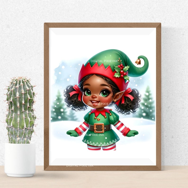 Girl Elf Clipart, Black Girl Elf Clipart, Watercolor Santa Elf Clipart ...
