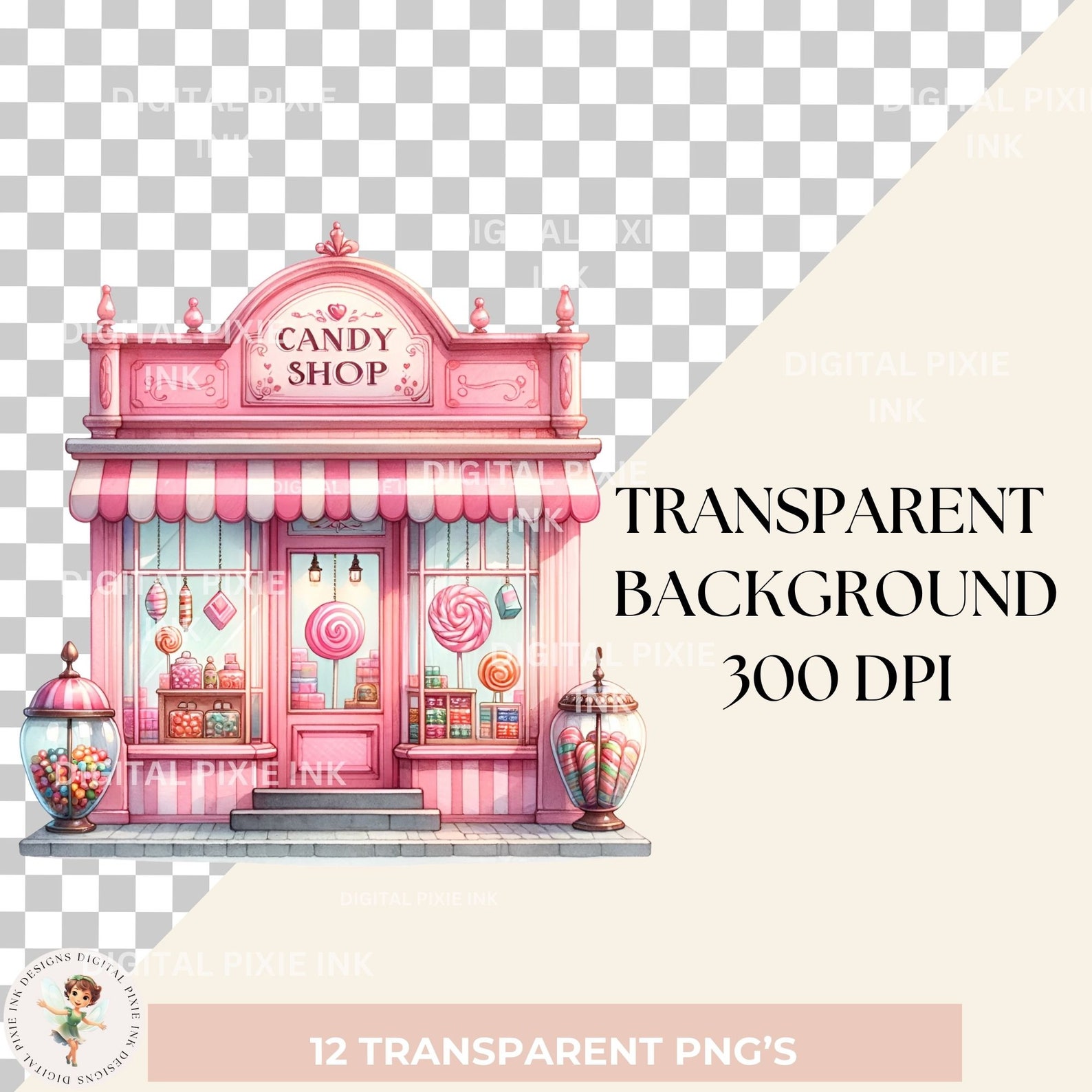 Valentines Candy Shop Clipart, Watercolor Pink Candy Shop Storefront ...