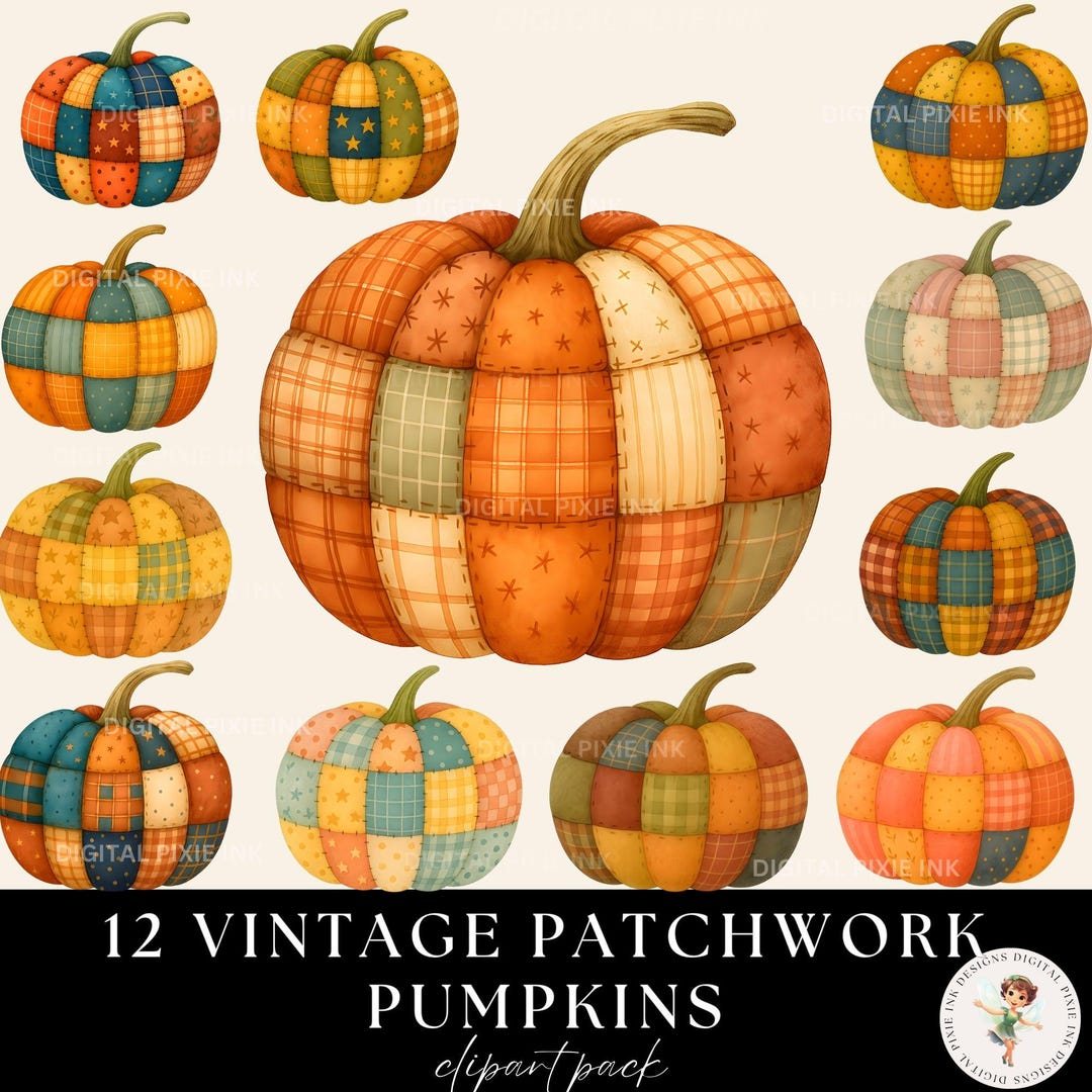 Patchwork Pumpkin Clipart Bundle, Autumn Digital Download, Cute Fall ...
