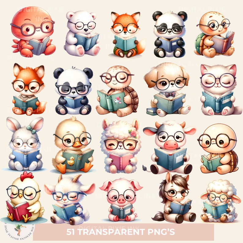 Cute Watercolor Animals Reading Book Clipart, Fantasy Reading Clipart ...