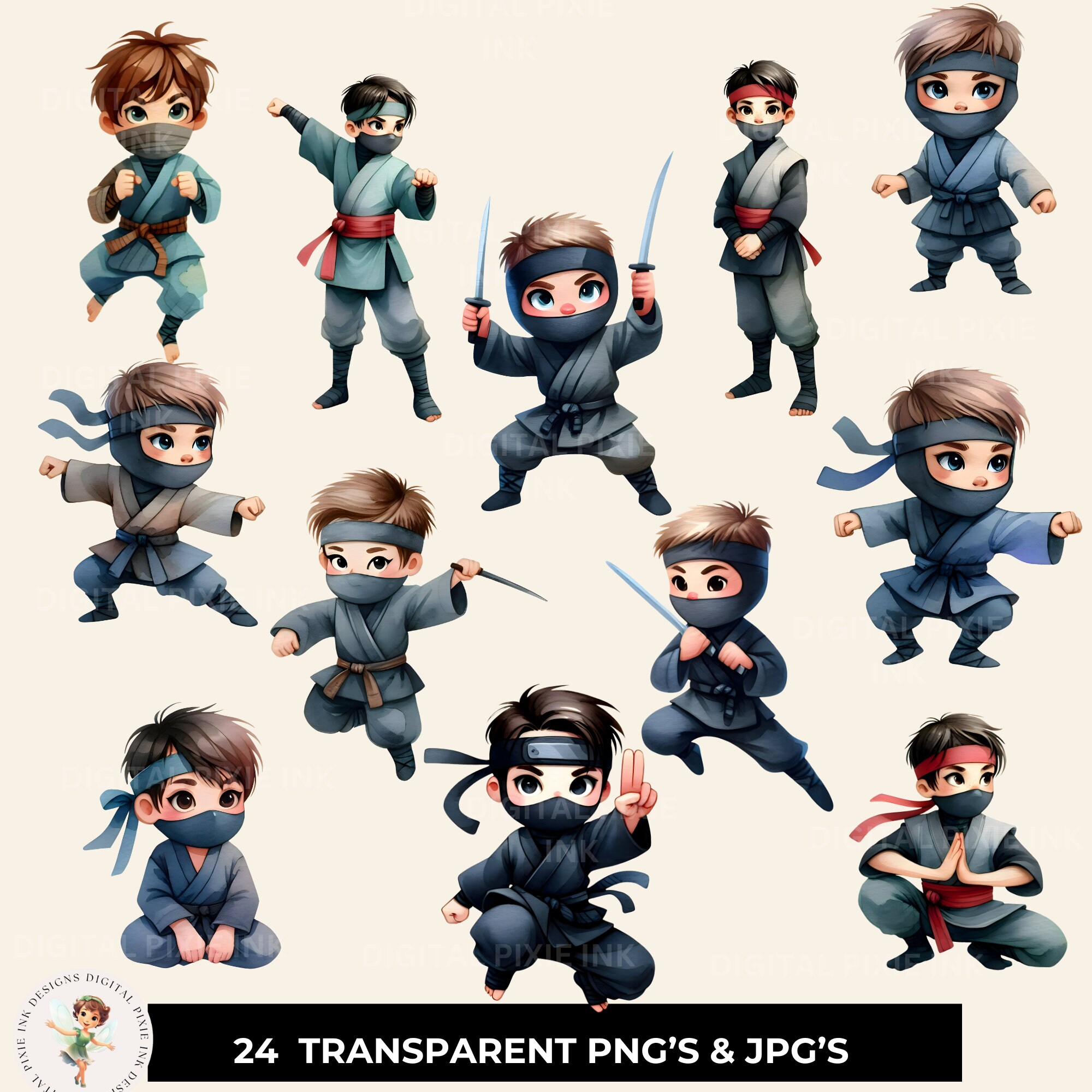 Ninja Clipart, Ninja Birthday Clipart, Cute Warrior Kids Png Bundle ...
