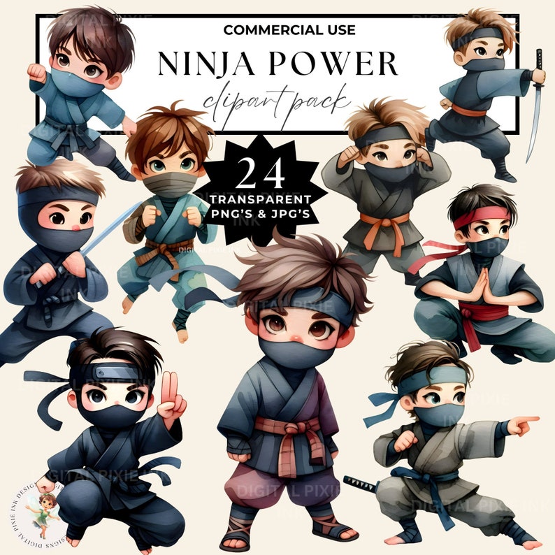 Ninja Clipart, Ninja Birthday Clipart, Cute Warrior Kids Png Bundle ...