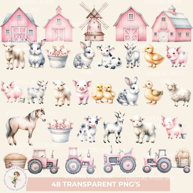 Pink Farm Clipart Mega Bundle, Pink Farm Barn, Pink Farm Animals Baby ...