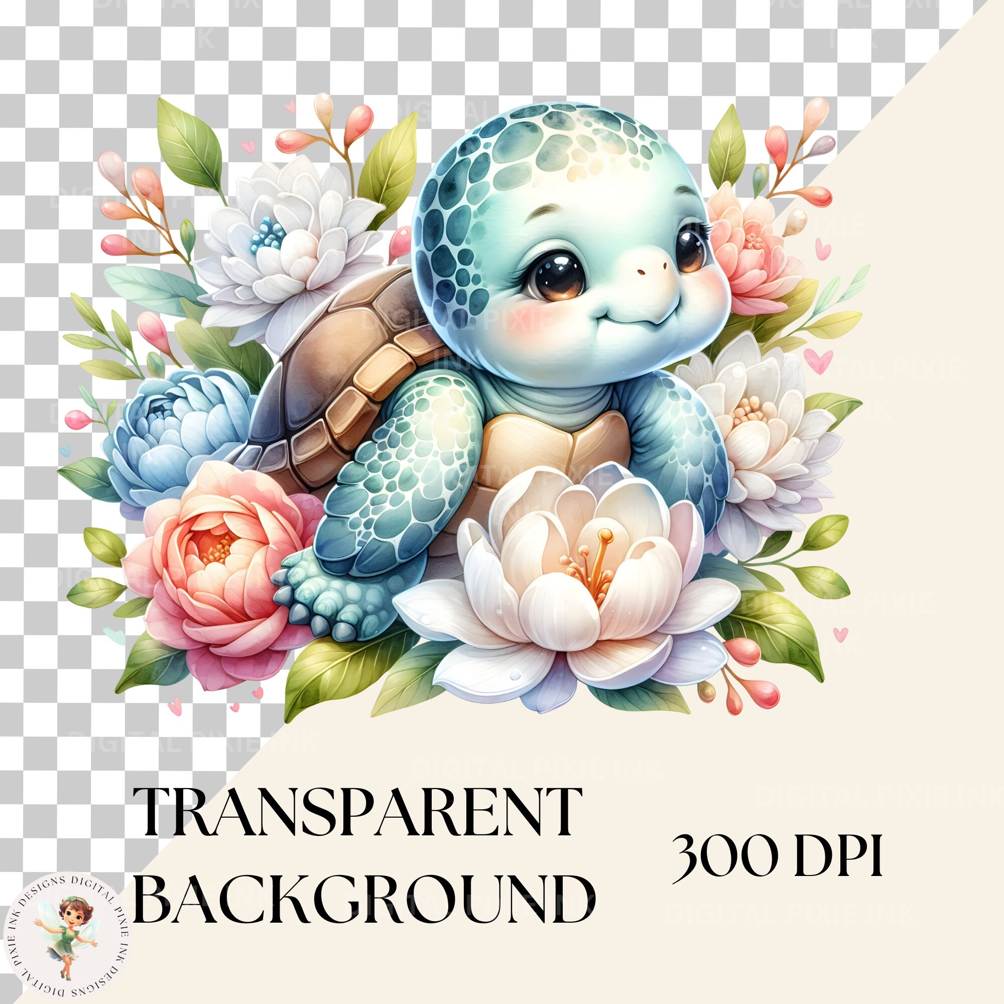 Baby Turtle With Flowers Clipart Watercolor Sea Turtle Clipart Cute ...