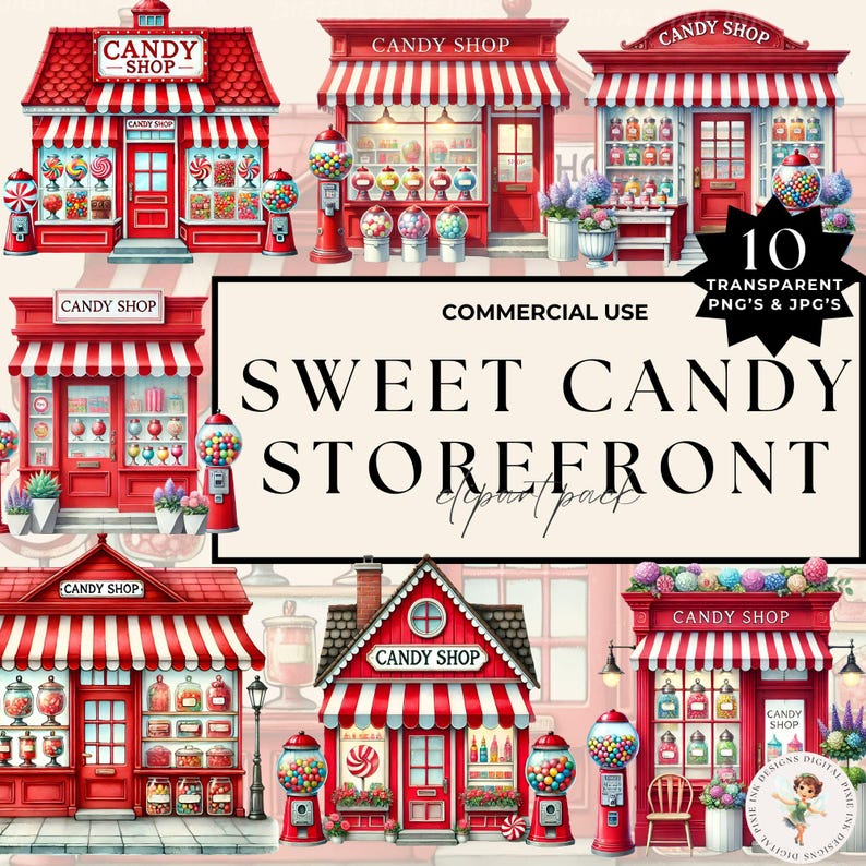 Valentines Candy Shop Clipart, Watercolor Pink Candy Shop Storefront ...
