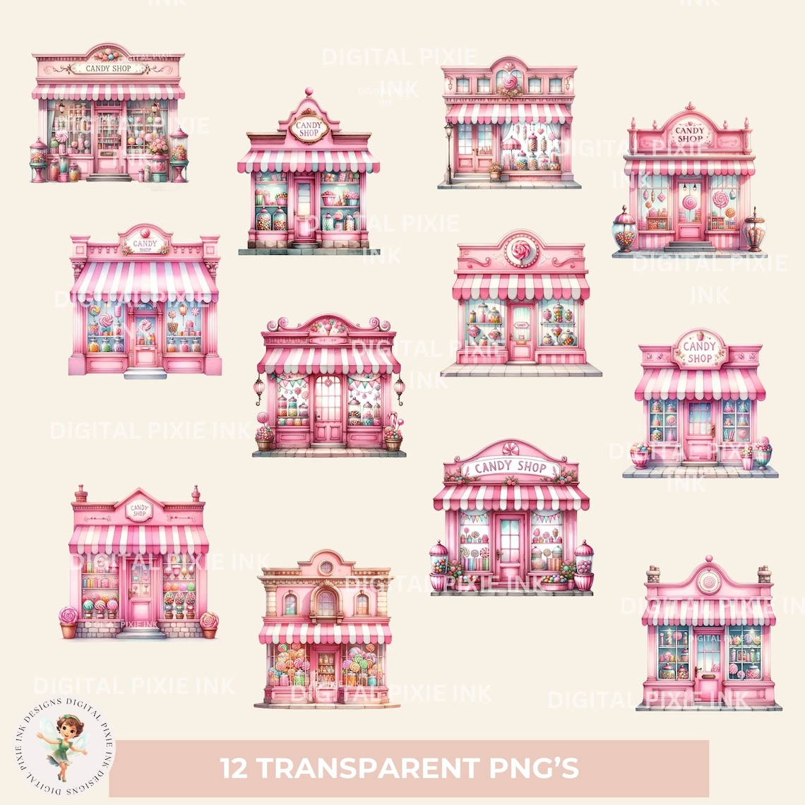 Valentines Candy Shop Clipart, Watercolor Pink Candy Shop Storefront ...