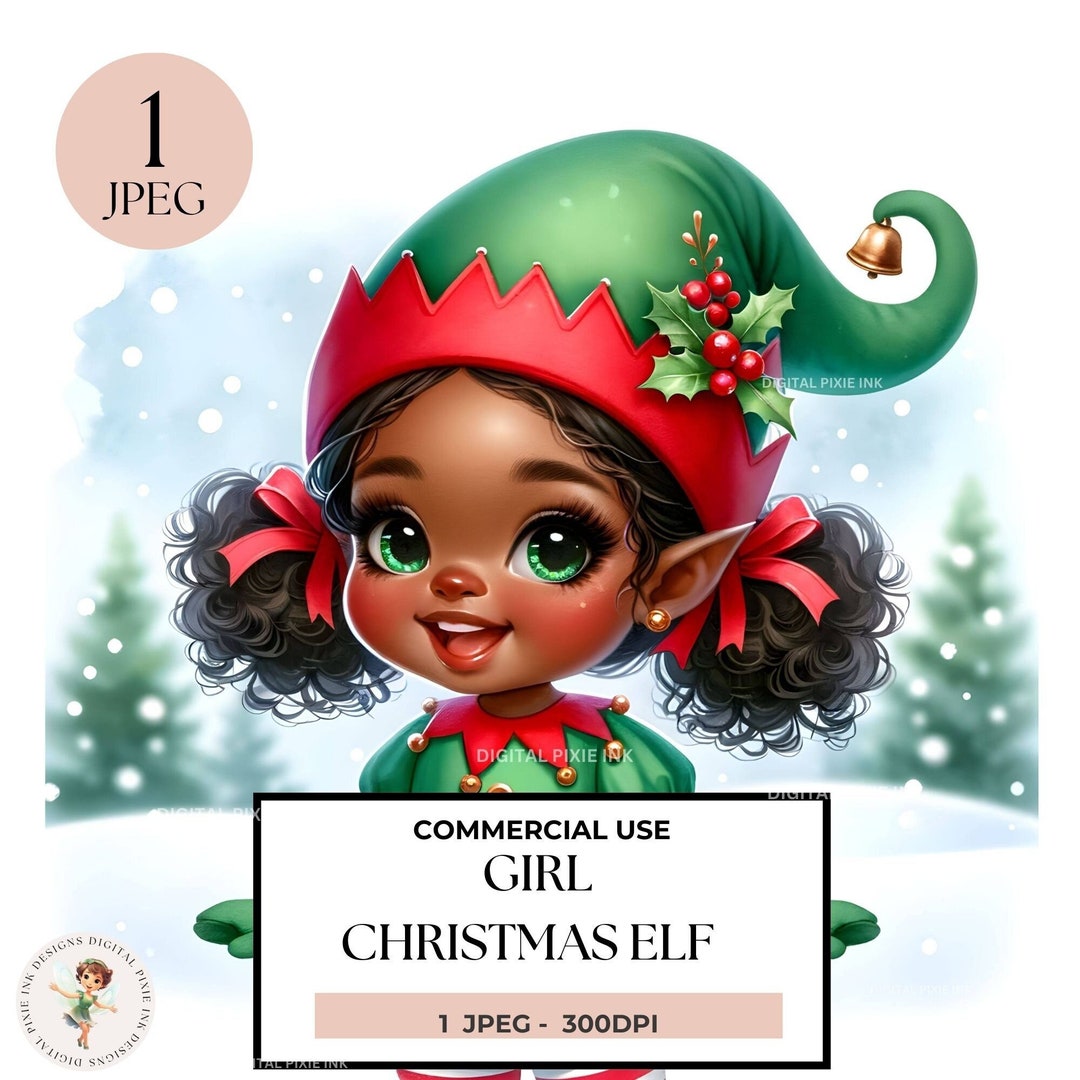Girl Elf Clipart, Black Girl Elf Clipart, Watercolor Santa Elf Clipart ...
