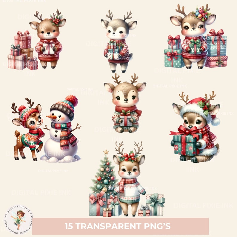 Watercolor Christmas Baby Reindeer Clipart, Cute Reindeer Clipart ...