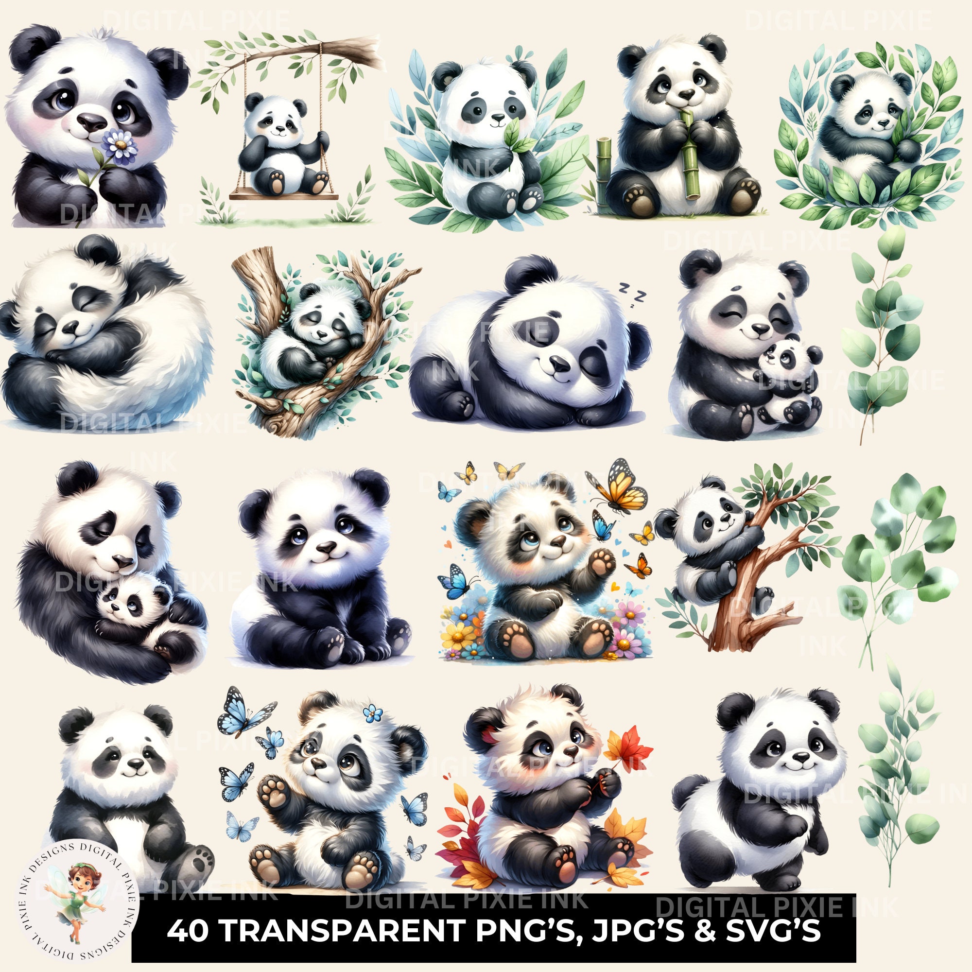 Cute Panda Watercolor Clipart Adorable Funny Baby Panda Bear Clipart ...