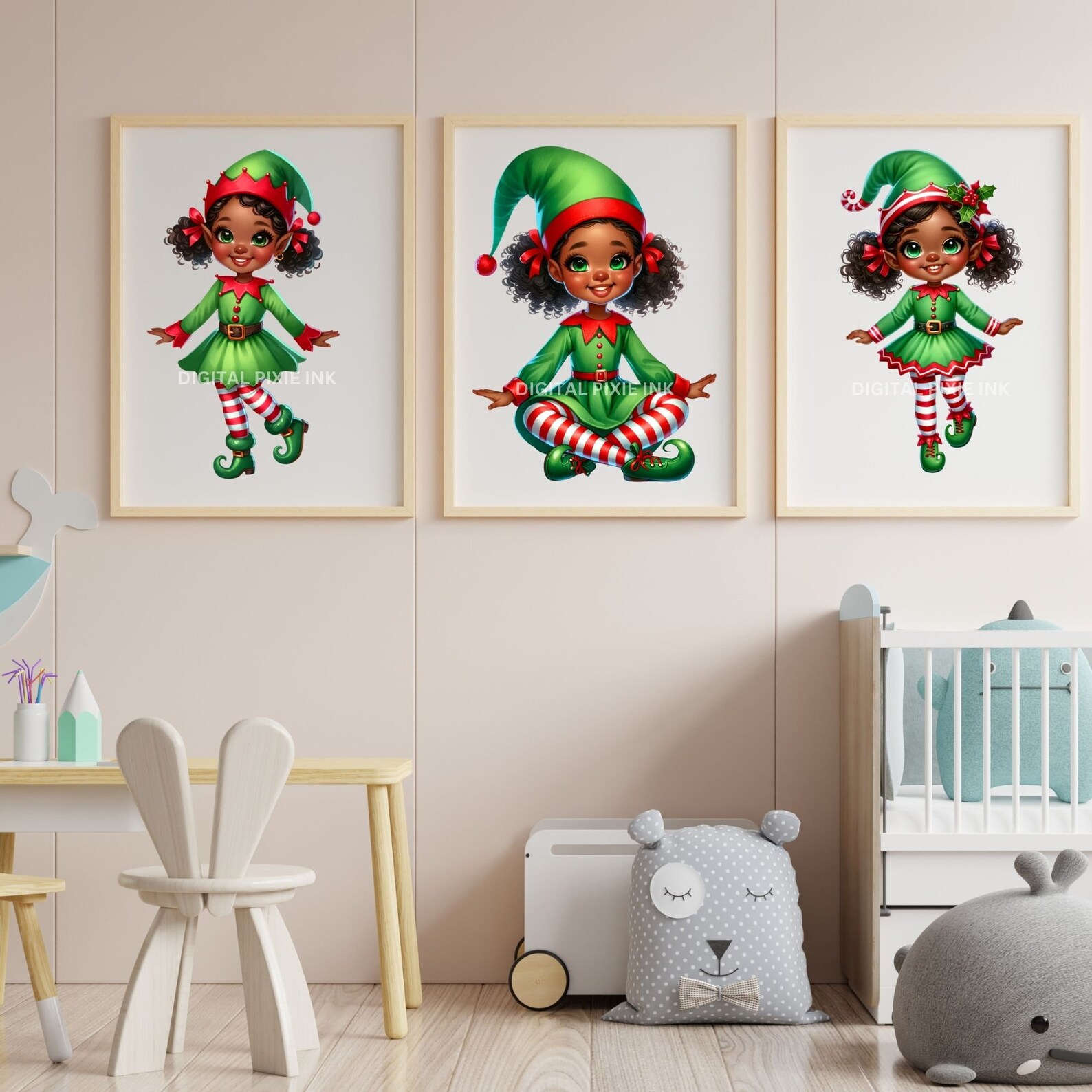 Girl Elf Clipart, Black Girl Elf, Watercolor Santa Elf Clipart, Cute ...