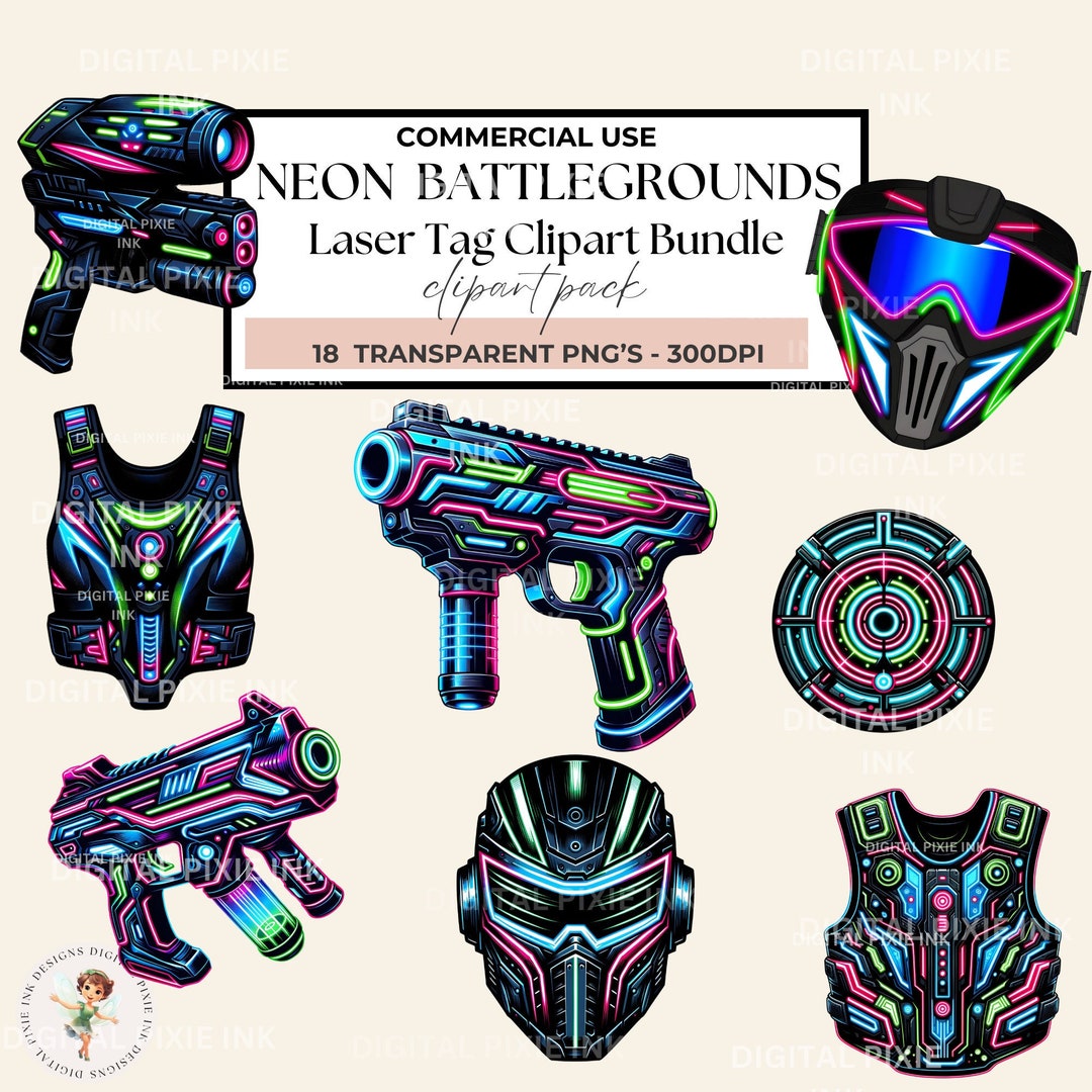 Laser Tag Clipart, Neon Party Clipart, Sublimination Design, Neon Gun ...