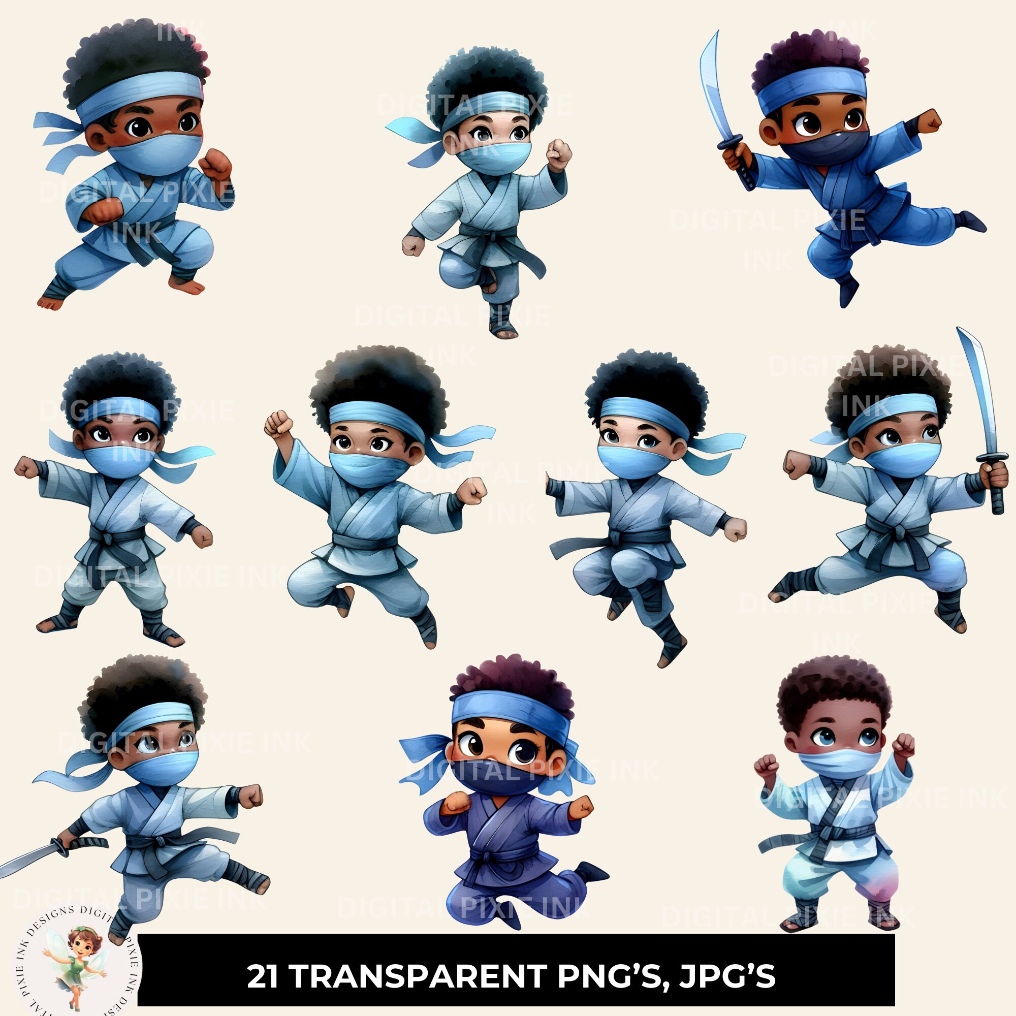 Ninja Clipart, Ninja Birthday Clipart, Cute Warrior Kids Png Bundle ...