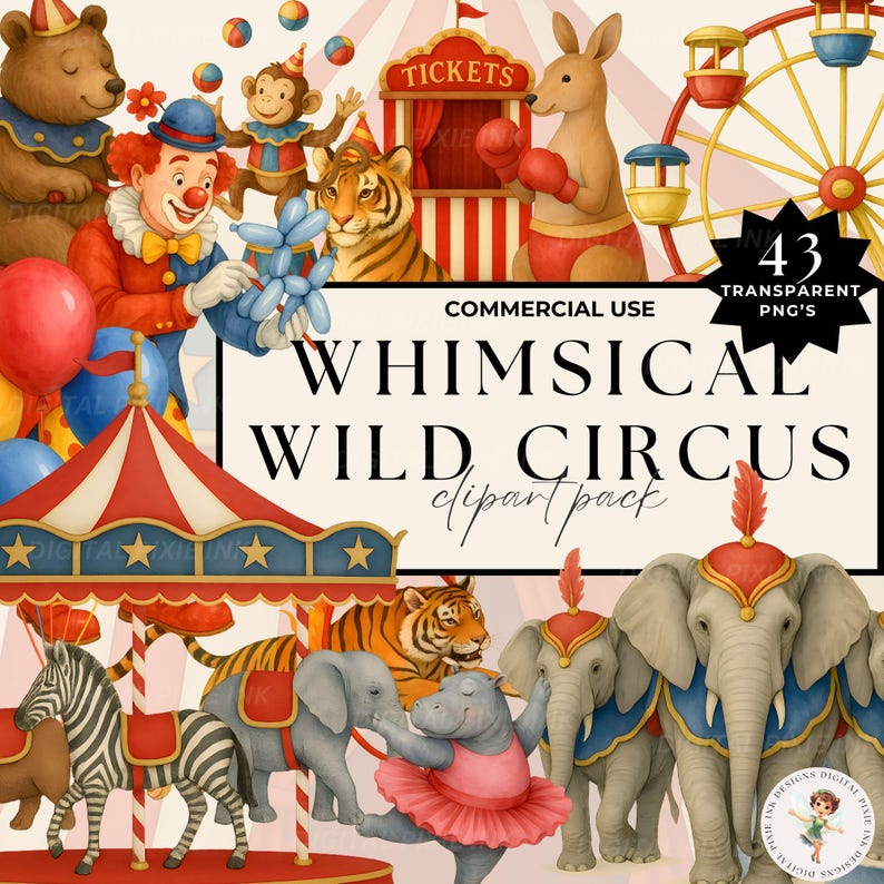 Circus Clipart Set Cute Illustrations of Circus Animals, Digital ...