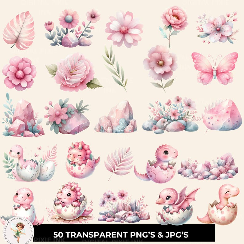 Pink Dino Clipart Png Dinosaur Birthday Cute Purple Watercolor Baby ...