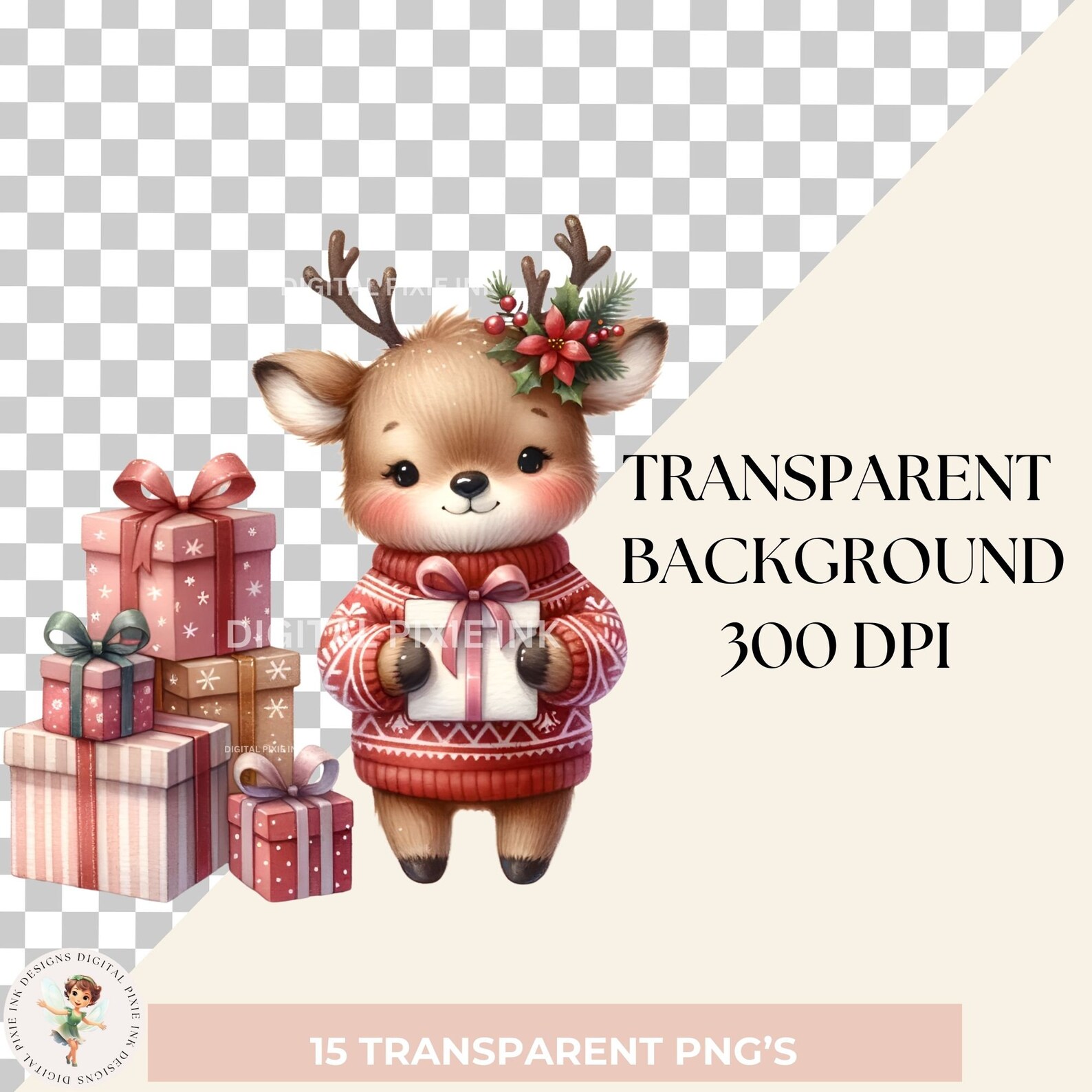 Watercolor Christmas Baby Reindeer Clipart, Cute Reindeer Clipart ...