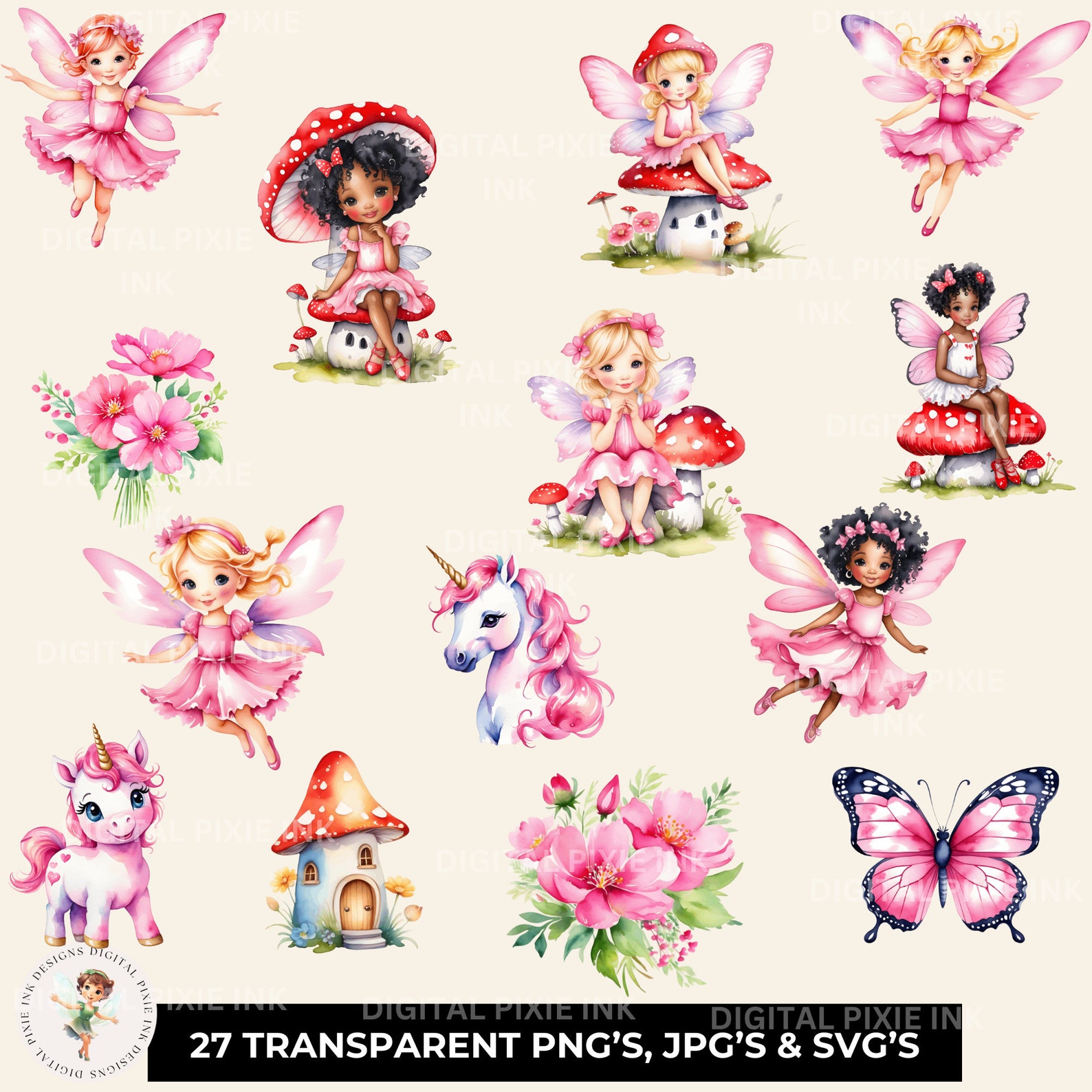 Watercolor Pink Fairy Clipart Bundle Unicorn and Fairy Magical Flower ...