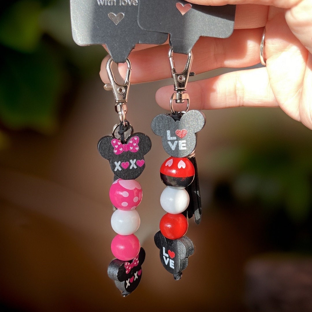 Adorable Wood Beaded Keychain Set With Mickey and Minnie - Perfect Bag ...