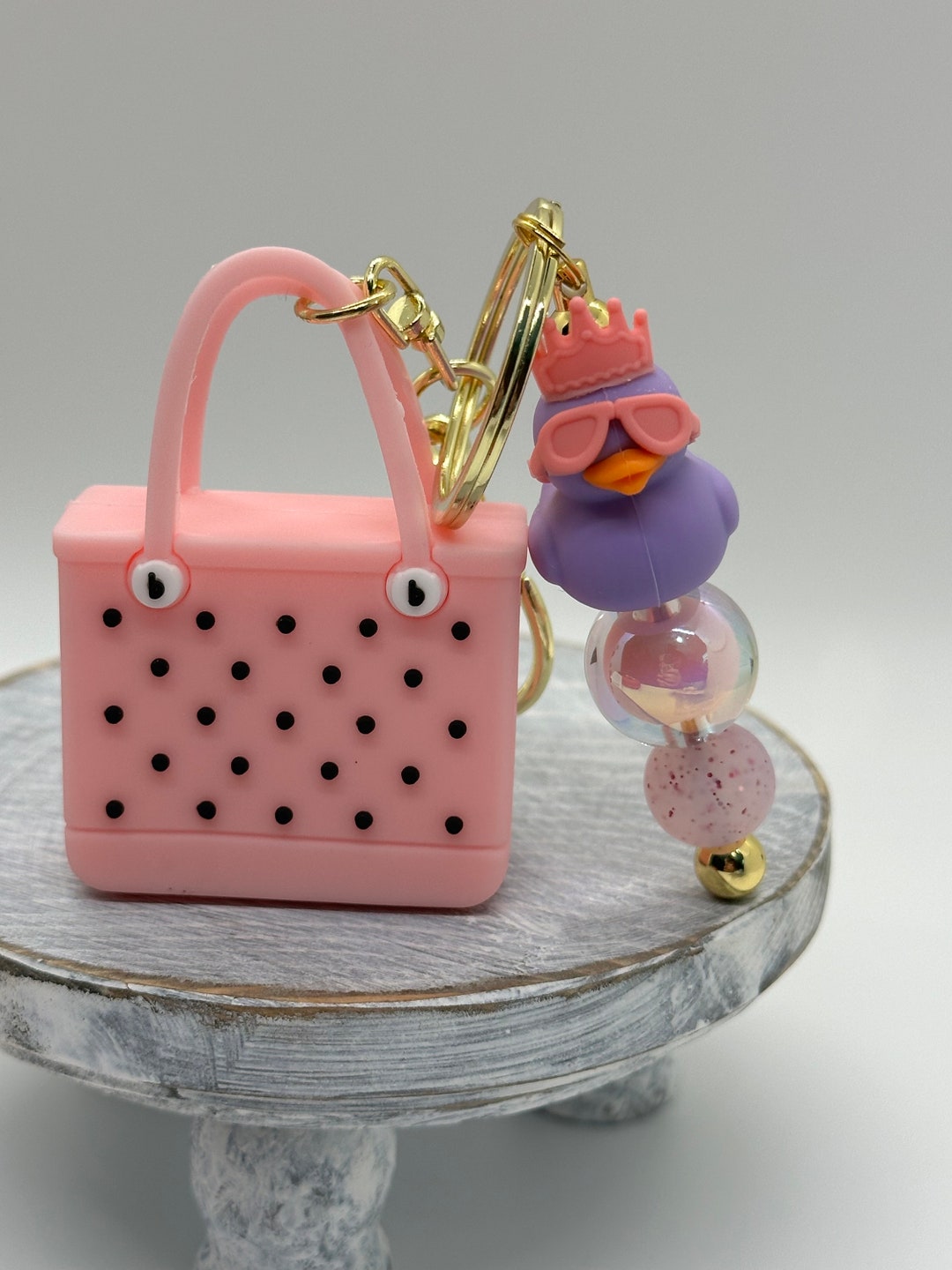 Silicone Beaded Keychain, Bag Charm, 3D Purple Rubber Duck With Crown ...
